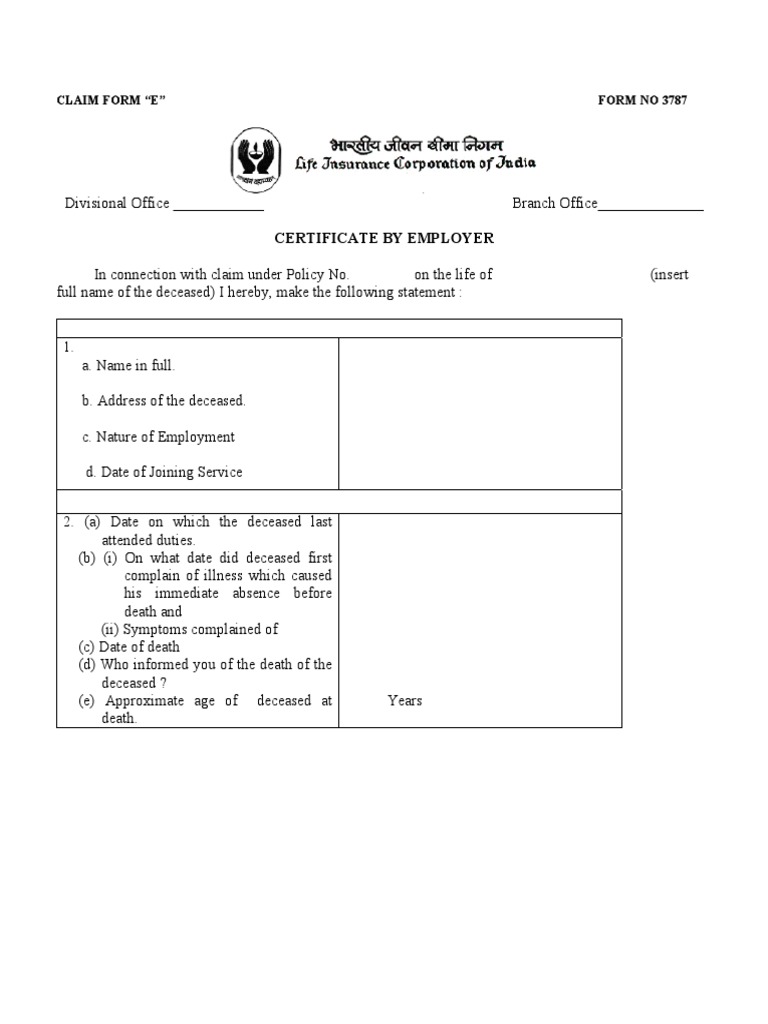 Certificate by Employer: Claim Form "E" Form NO 3787 | PDF | Government ...