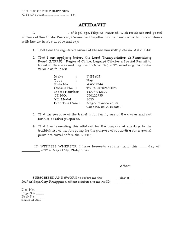 Affidavit For Special Travel LTFRB Sample
