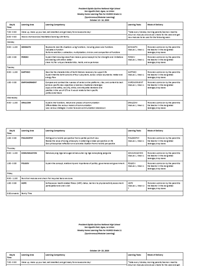 Weekly Home Learning Plan for HUMSS Grade 11 at President Elpidio ...