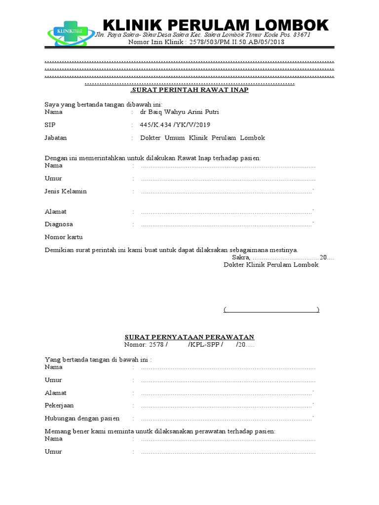 Surat Perintah Rawat Inap Dan SRT Prnyataan | PDF