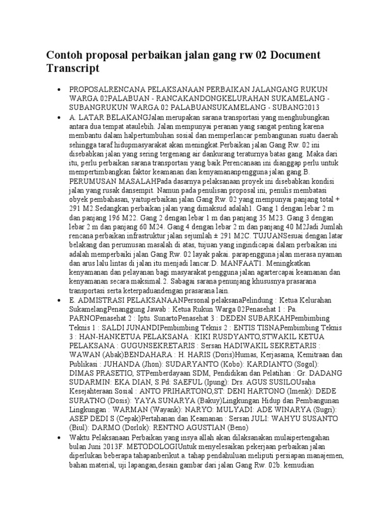 Contoh Proposal Perbaikan Jalan Gang RW 02 Document Transcript | PDF