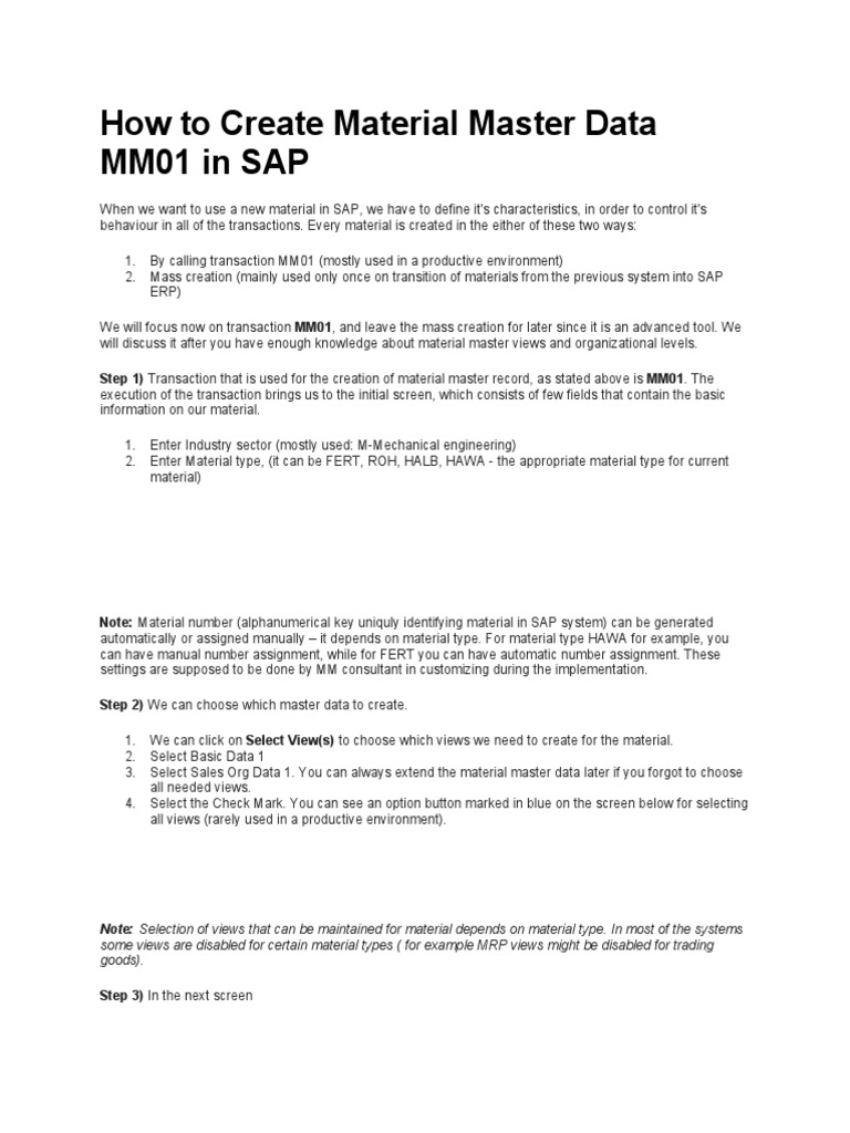 How To Create Material Master Data MM01 in SAP | PDF | Warehouse | Plants