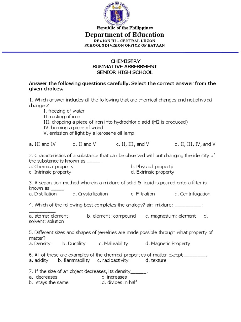Grade 11 Summative Test in Chemistry | PDF | Gases | Chemical Substances