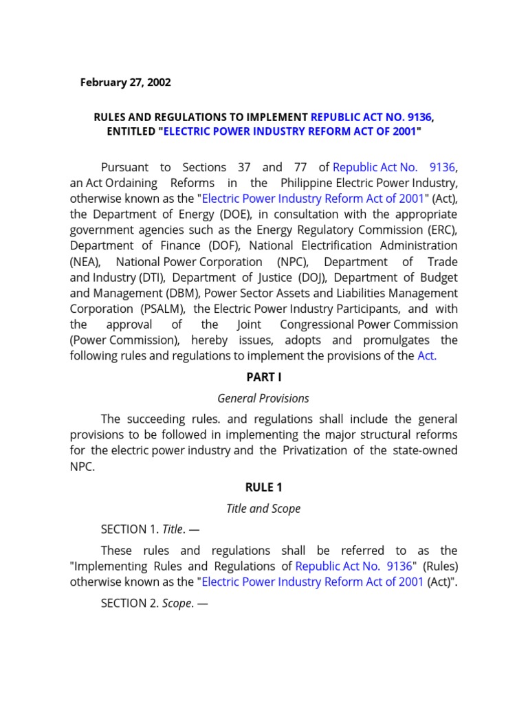 Implementing Rules and Regulations of Republic Act No. 9136, IRR of RA ...