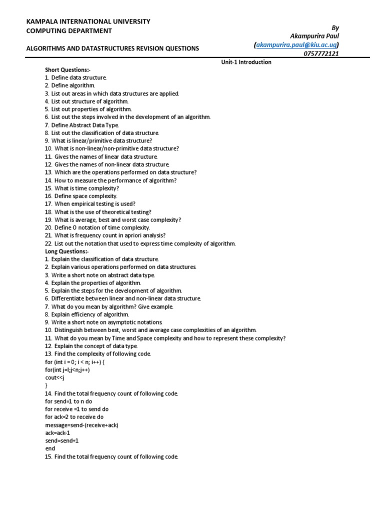 Data Structures and Algorithms Revision Questions | PDF | Array Data ...