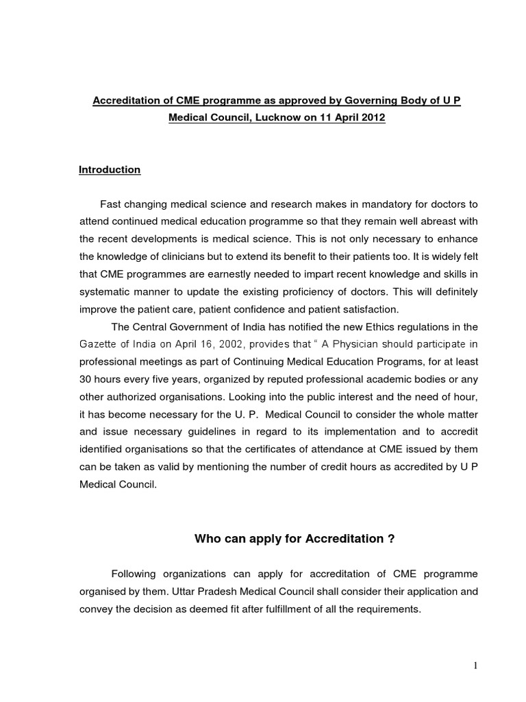 Accreditation of CME Programme As Approved by Governing Body of U P ...