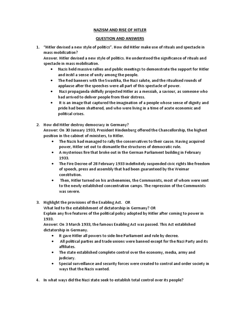 Nazism and Rise of Hitler Question and Answers | PDF | Nazi Germany ...