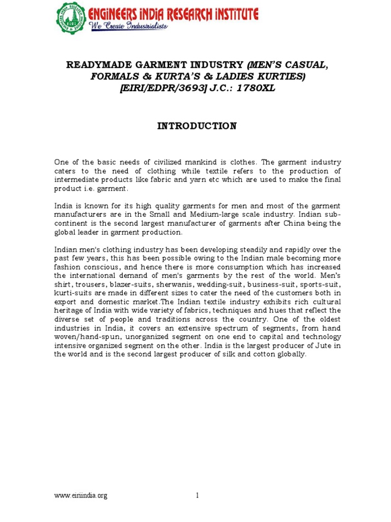 Project Report On Readymade Garment Industry (Men's Casual, Formals ...
