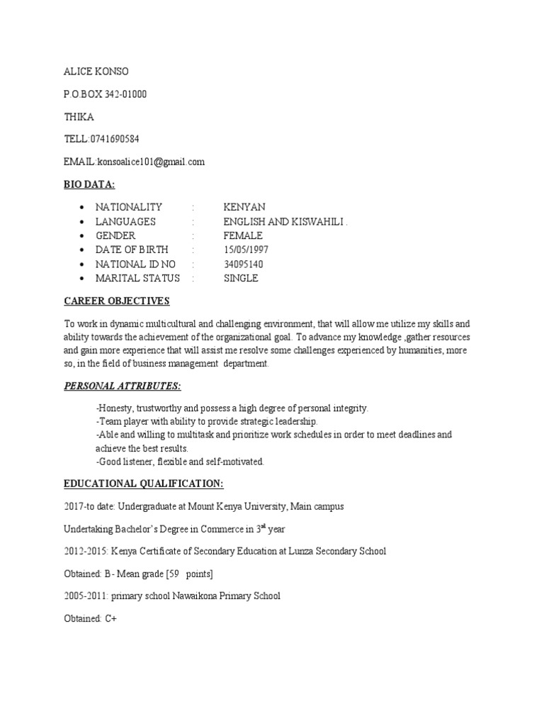 Alice Konso P.O.BOX 342-01000 Thika TELL:0741690584: Bio Data | PDF ...