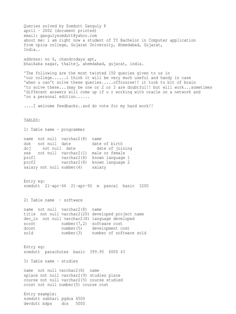 SQL Queries | PDF | Programmer | Software SQL Queries | PDF | Programmer | Software