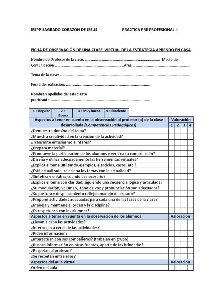 Ficha de Observacion Clase Virtual 2 | PDF | Salón de clases | Cognición