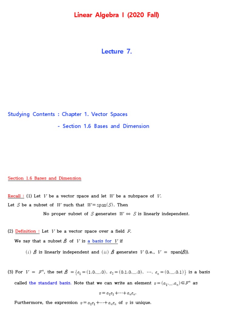 Linear Algebra I 2020 Fall Pdf Basis Linear Algebra Linear 2269