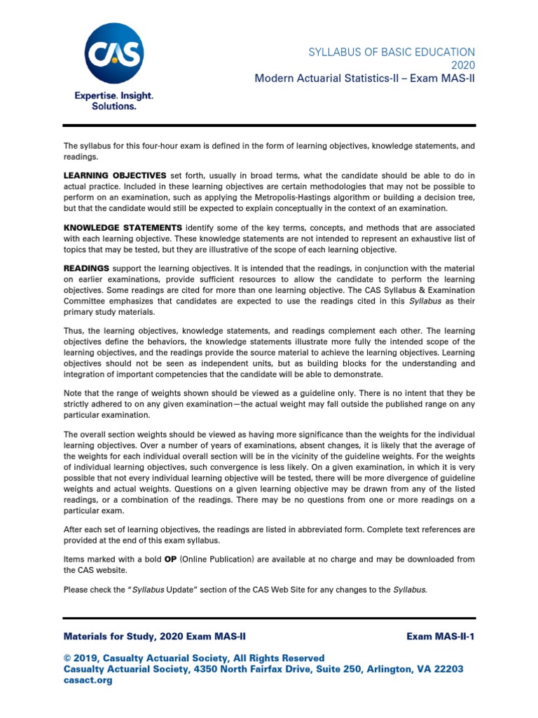 Modern Actuarial Statistics-II - Exam MAS-II: Syllabus of Basic ...