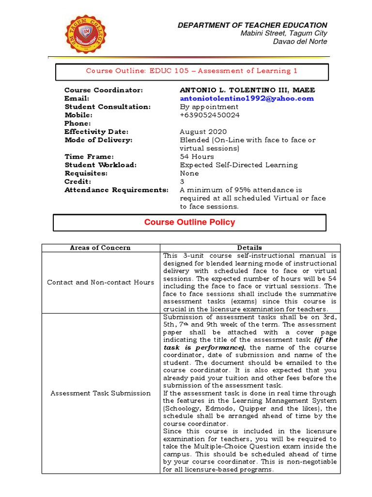 EDUC 105: Assessment of Learning 1 Guide | PDF | Educational Assessment ...