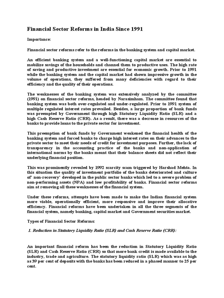Financial Sector Reforms in India Since 1991 | PDF | Capital ...