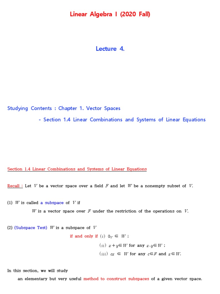 Linear Algebra I (2020 Fall) | PDF | Linear Subspace | Linear Algebra