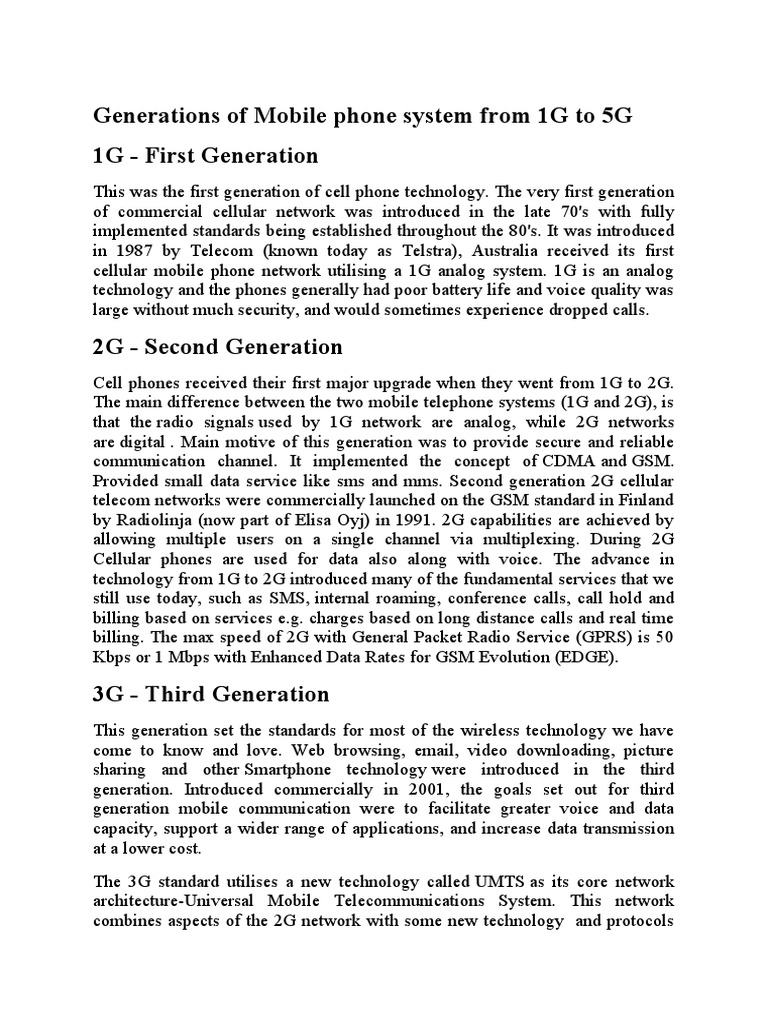 Mobile Phone Generations: 1G to 5G Overview | PDF | 3 G | 4 G