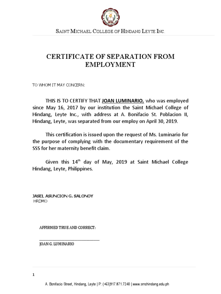 Certificate of Separation From Employment SSS | PDF