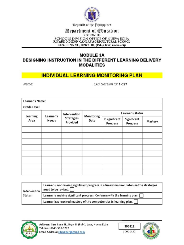 Individual Learning Monitoring Plan: Module 3A Designing Instruction in The Different Learning ...