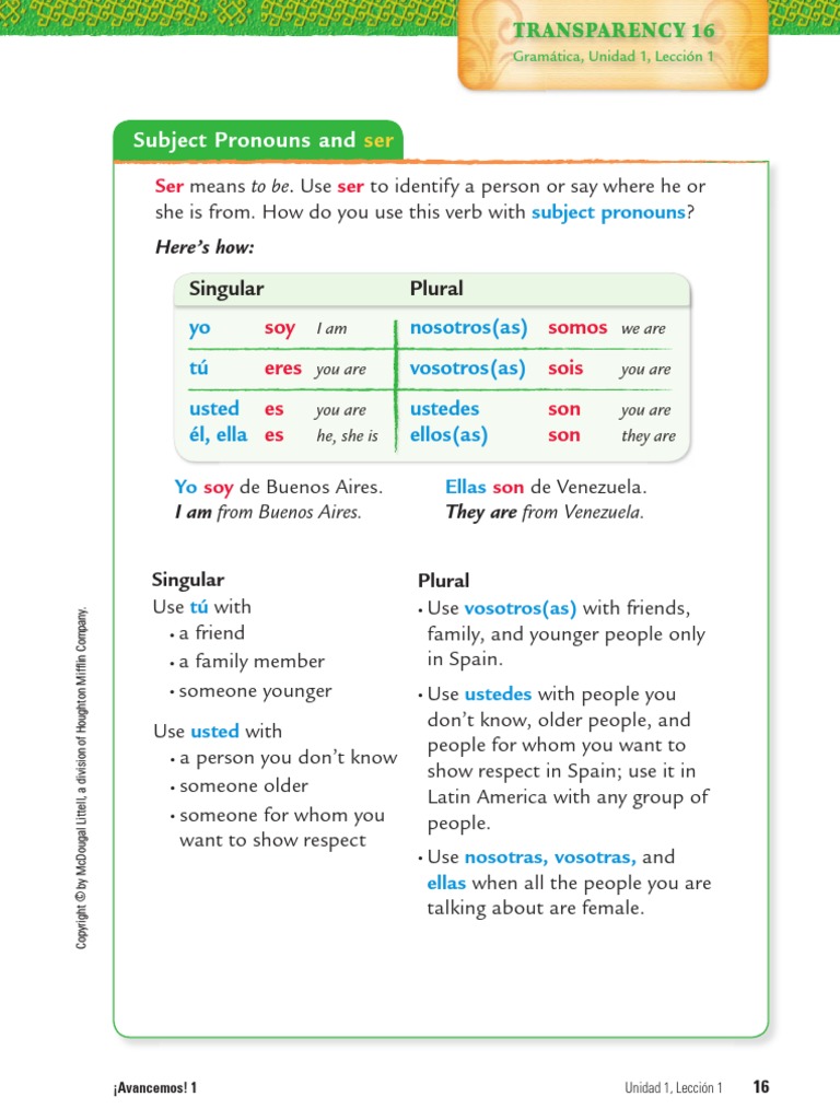 Subject Pronouns and The Verb SER PDF | PDF | Grammatical Gender ...