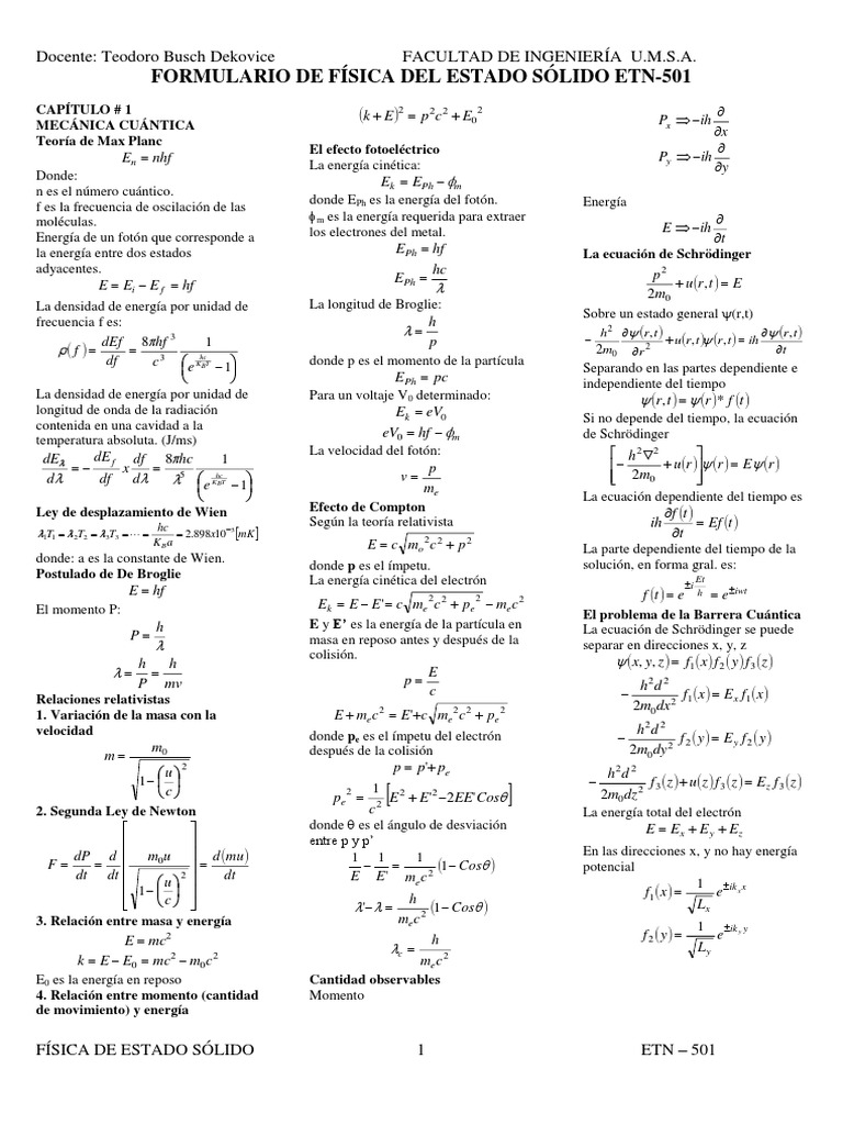 Formulario de Etn-501 PDF | PDF | Ecuación de Schrödinger | Electrón