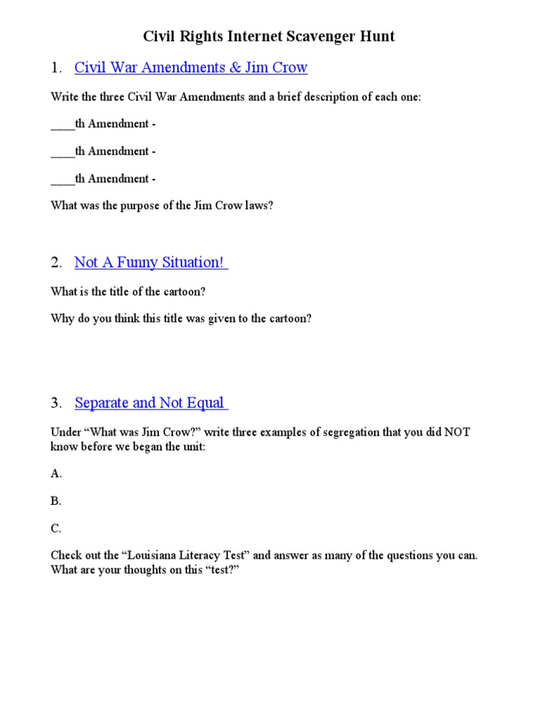 Civil War Amendments & Jim Crow: Civil Rights Internet Scavenger Hunt | PDF