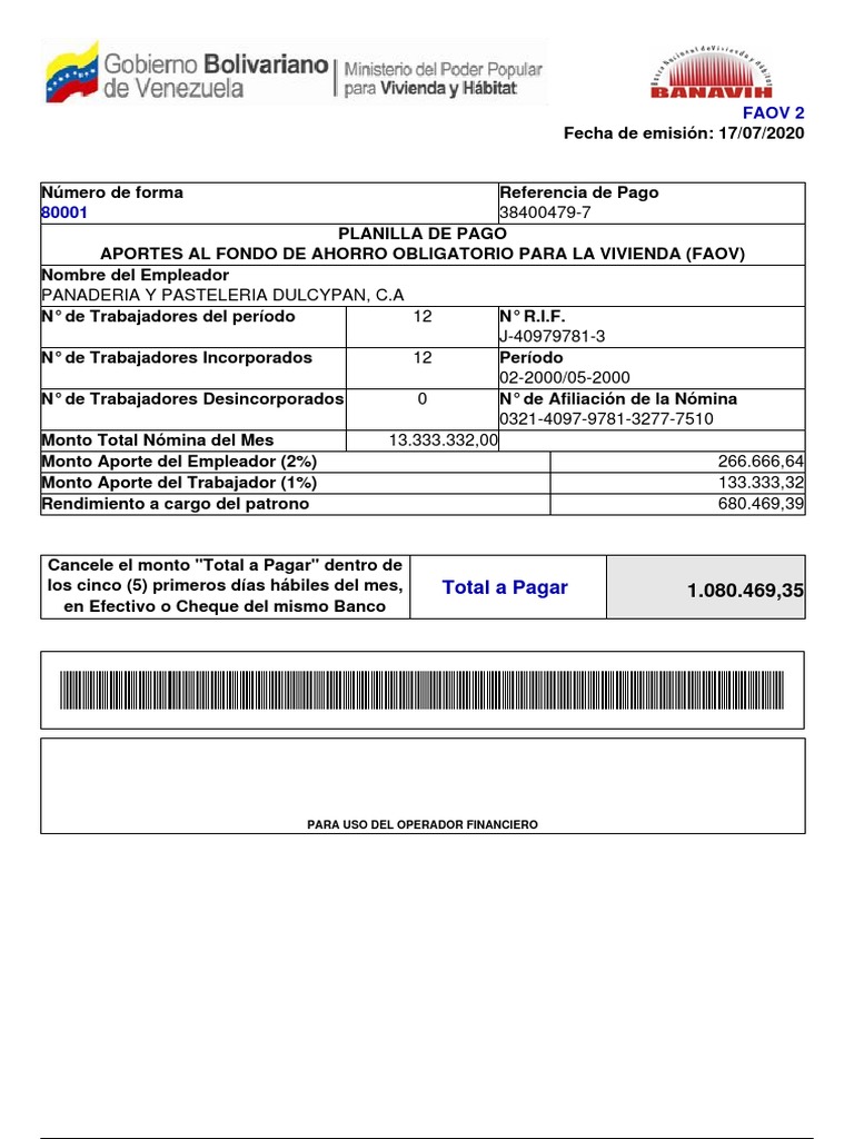 Planilla Faov para Imprimir | PDF