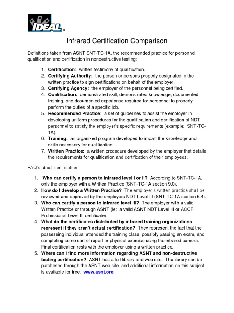 IDEAL Infrared Certification Comparison | PDF | Nondestructive Testing ...