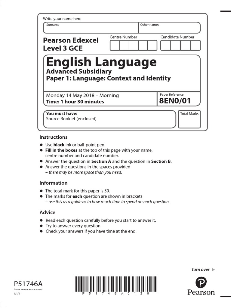 English Language: Pearson Edexcel Level 3 GCE | PDF | Question ...