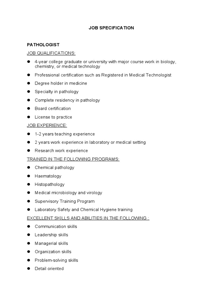 Pathologist Job Specification | PDF | Pathology | Histopathology