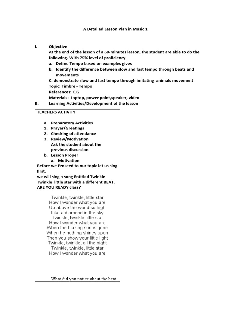 A Detailed Lesson Plan in Music 1 | PDF | Lesson Plan | Behavior ...