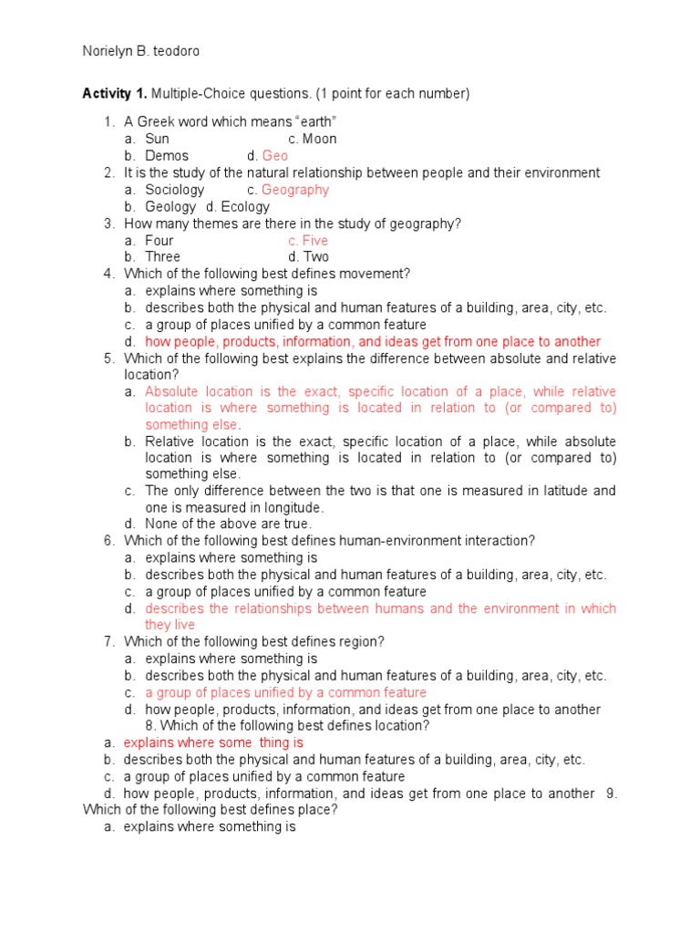 Activity 1. Multiple-Choice Questions. (1 Point For Each Number ...