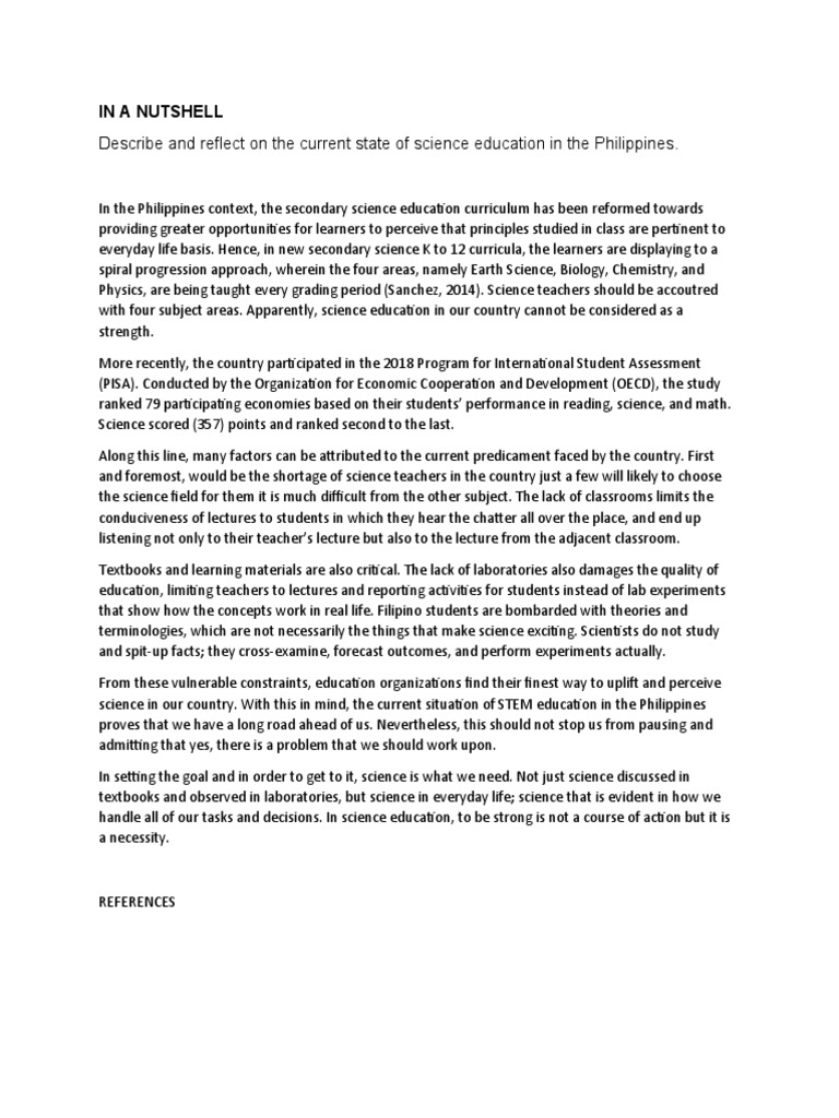 Describe and Reflect On The Current State of Science Education in The ...
