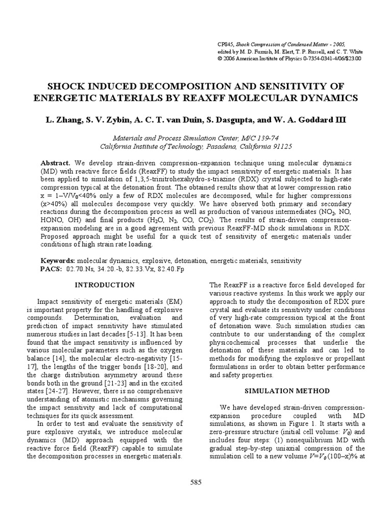 Zhang Et Al., 2006, Shock Induced Decomposition and Sensitivity of Energetic Materials by reaxFF ...