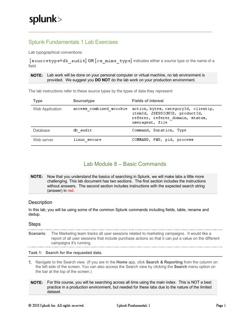 Splunk Fundamentals 1 Lab Exercises: (Sourcetype DB - Audit) (Cs - Mime - Type) | PDF | Web ...