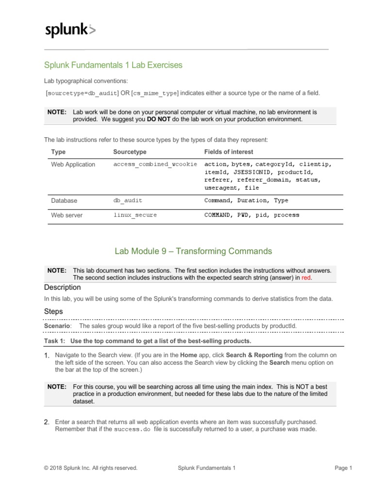 Splunk Fundamentals 1 Lab Exercises: Lab Module 9 - Transforming Commands | PDF | Web ...
