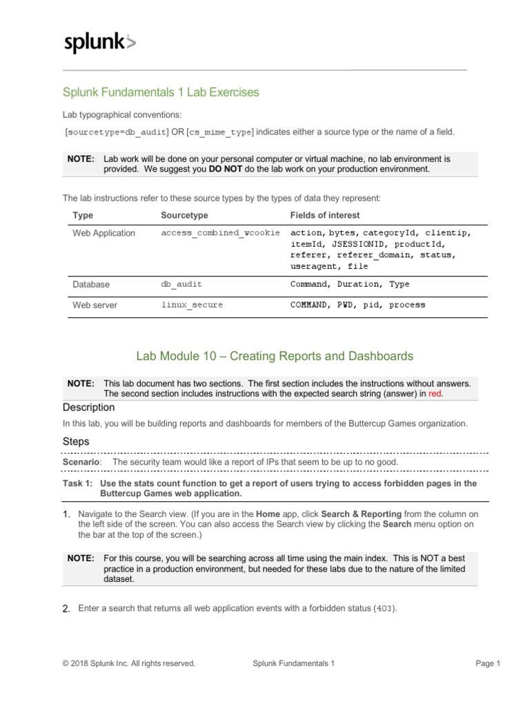 Splunk Fundamentals 1 Lab Exercises: Lab Module 10 - Creating Reports and Dashboards | Download ...