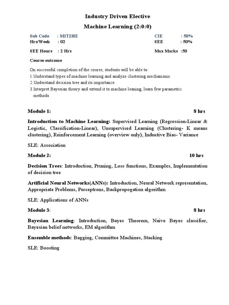 Industry Driven Elective Machine Learning (2:0:0) | PDF