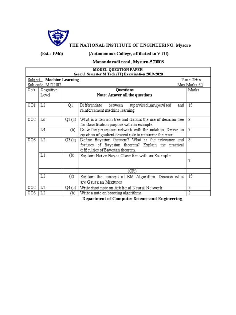Machine Learning 2019-20 Model Paper | PDF