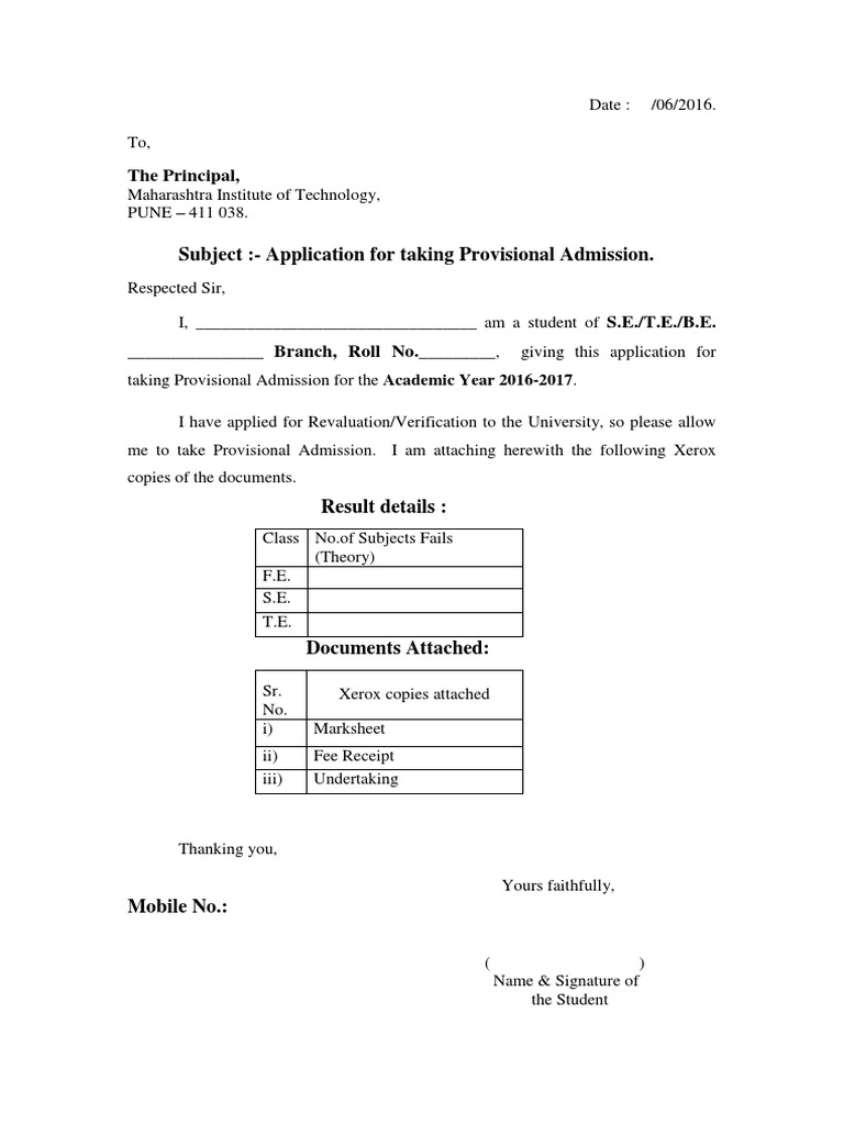 Application For Prov. Admission & Undertaking Form | PDF | Educational ...