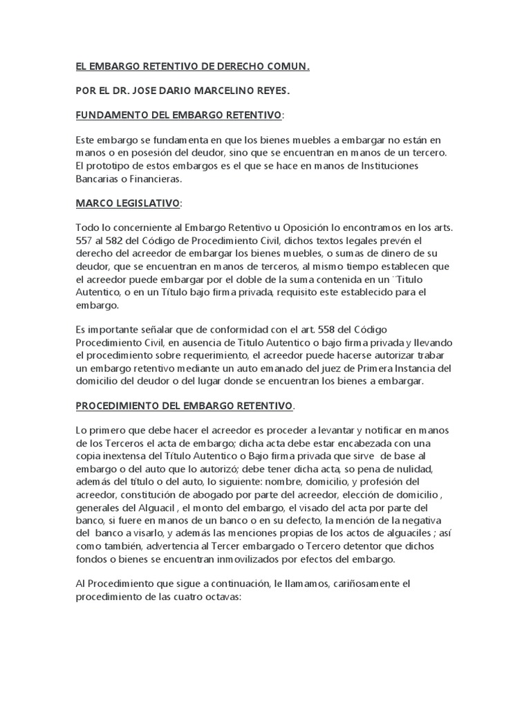 El Embargo Retentivo de Derecho Comun | PDF | Demanda judicial ...