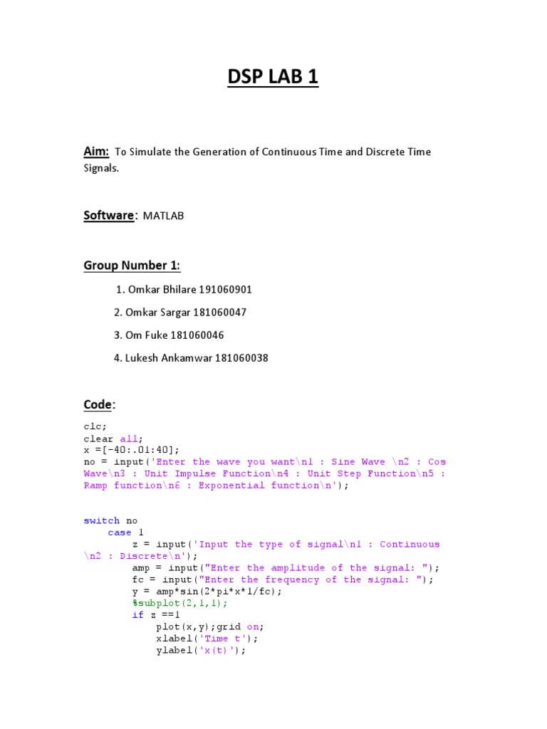DSP Lab 1: To Simulate The Generation of Continuous Time and Discrete Time Signals | PDF ...