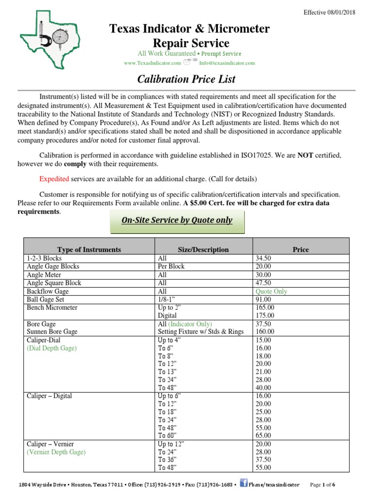 Texas Indicator & Micrometer Repair Service: Calibration Price List ...
