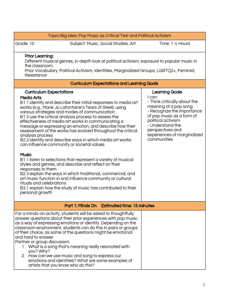 Grade 10 Music Lesson Plan 1 | PDF | Critical Thinking | Identity ...