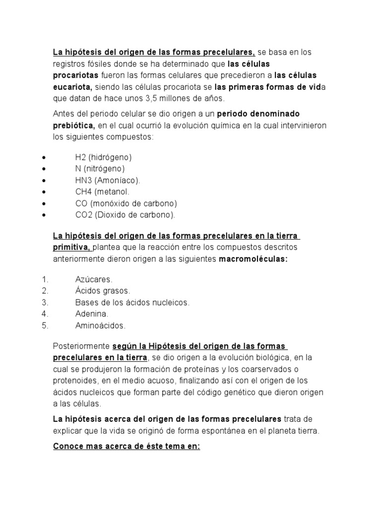 La Hipótesis Del Origen de Las Formas Precelulares | PDF
