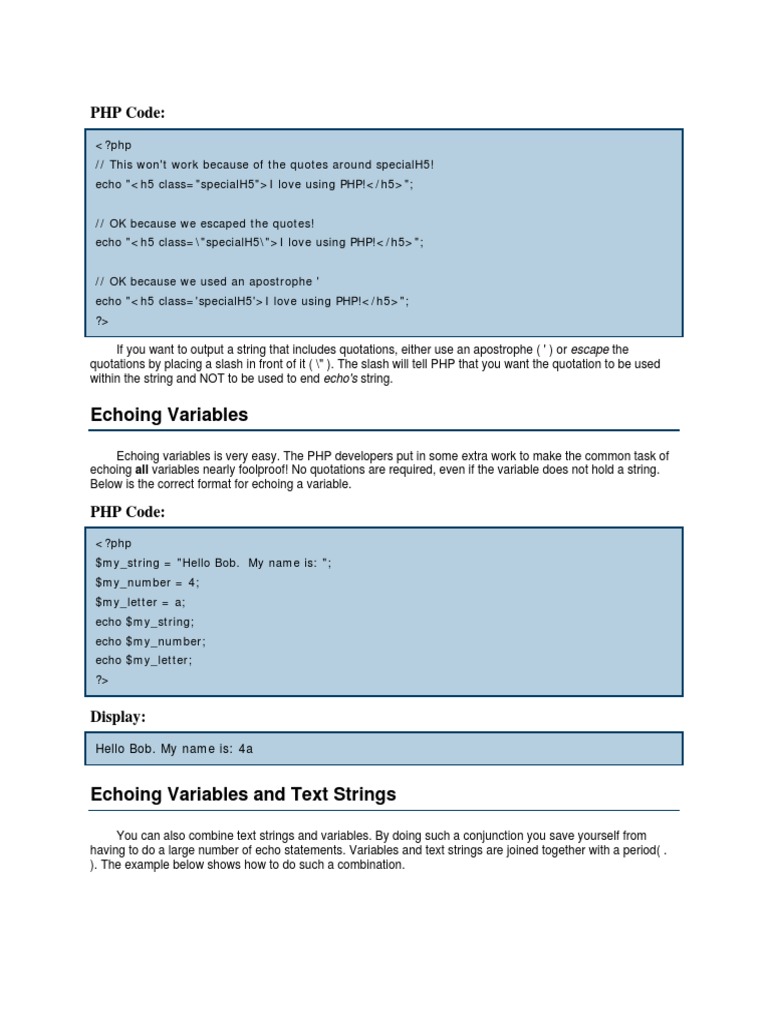 Echoing Variables: PHP Code | PDF | Computers
