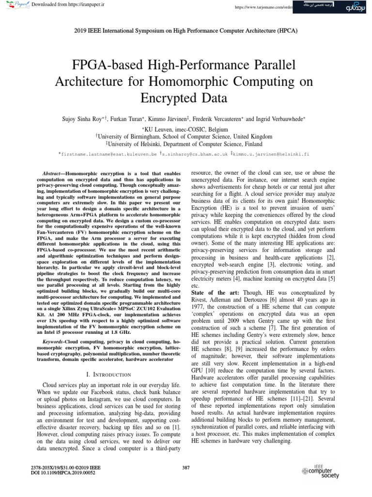 FPGA-based High-Performance Parallel Architecture For Homomorphic Computing On Encrypted Data ...