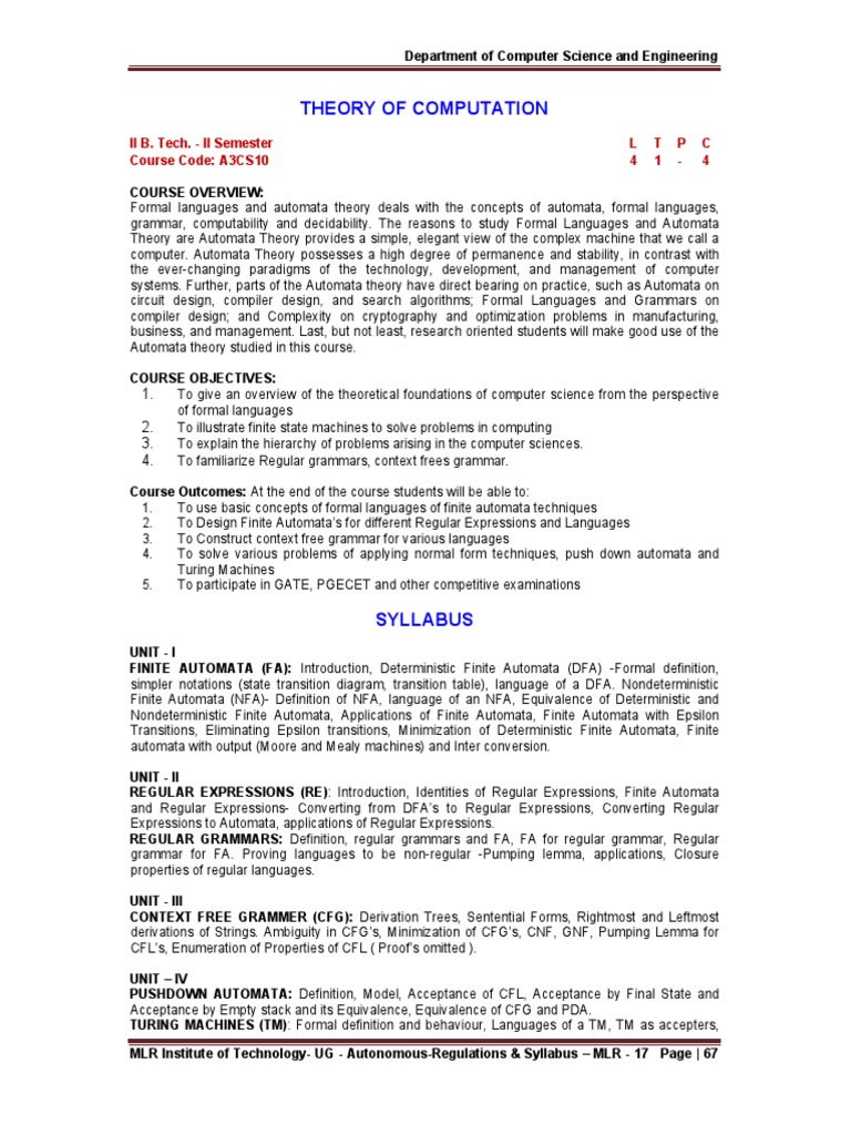Theory Of Computation Ii B Tech Ii Semester L T P C Course Code A3cs10 4 1 4 Pdf