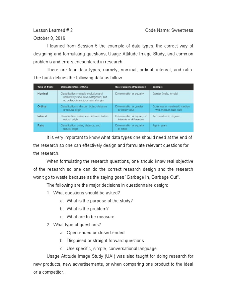 Lesson Learned # 3 | PDF | Questionnaire | Methodology