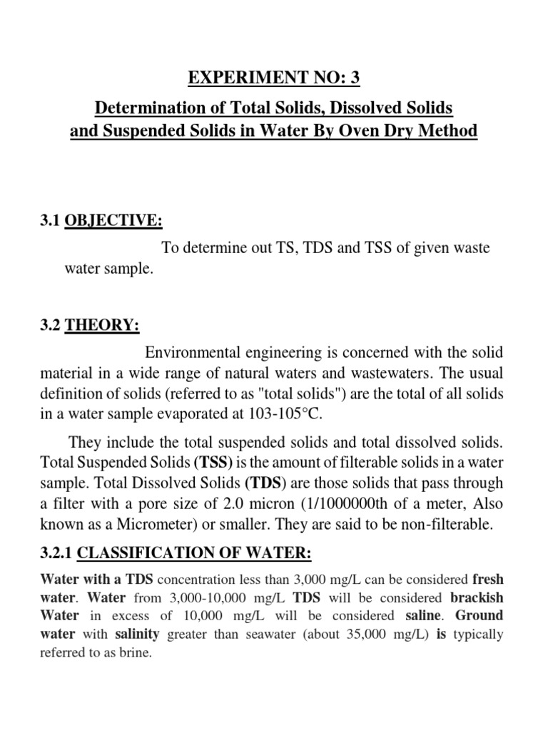 Experiment No: 3 Determination of Total Solids, Dissolved Solids and ...